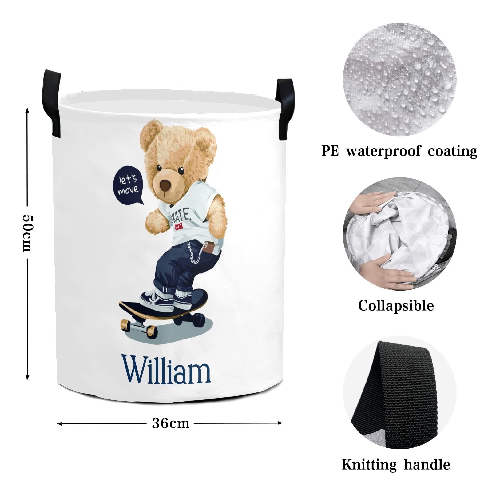 Grandkli Bear Personalized Freestanding Laundry Hamper, Custom Waterproof Collapsible Drawstring Basket Storage Bins with Handle 50cm x 36cm