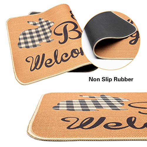 GROBRO7 Easter Door Mat Linen Checkered White and Black Rabbit Carpet Rubber Non-Slip Reusable Entrance Rug Every Bunny Welcome Doormat Gift Decoration Home Decor Indoor Outdoor Mats 22.8’’ x 14.9’’