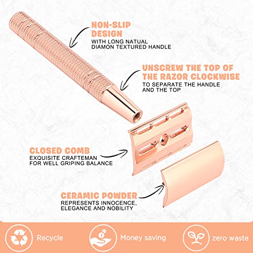 Rose Gold Double Edge Safety Razor for Women,with 10 Platinum Coated Double Edge Safety Razor Blades, Reusable Metal Razors for Men, Travel Essentials Single Blade Razor