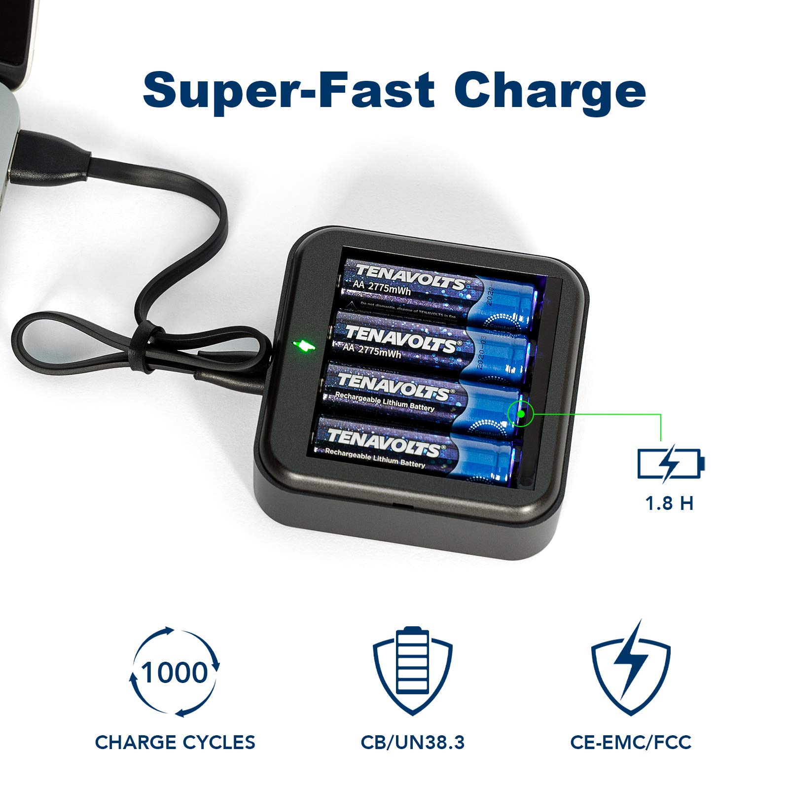 TENAVOLTS 1.5V AA Lithium Rechargeable Battery, 1.8h Fast Charge, USB Charger, Constant Output at 1.5V, 2775 mWh, 4 Count with Charger