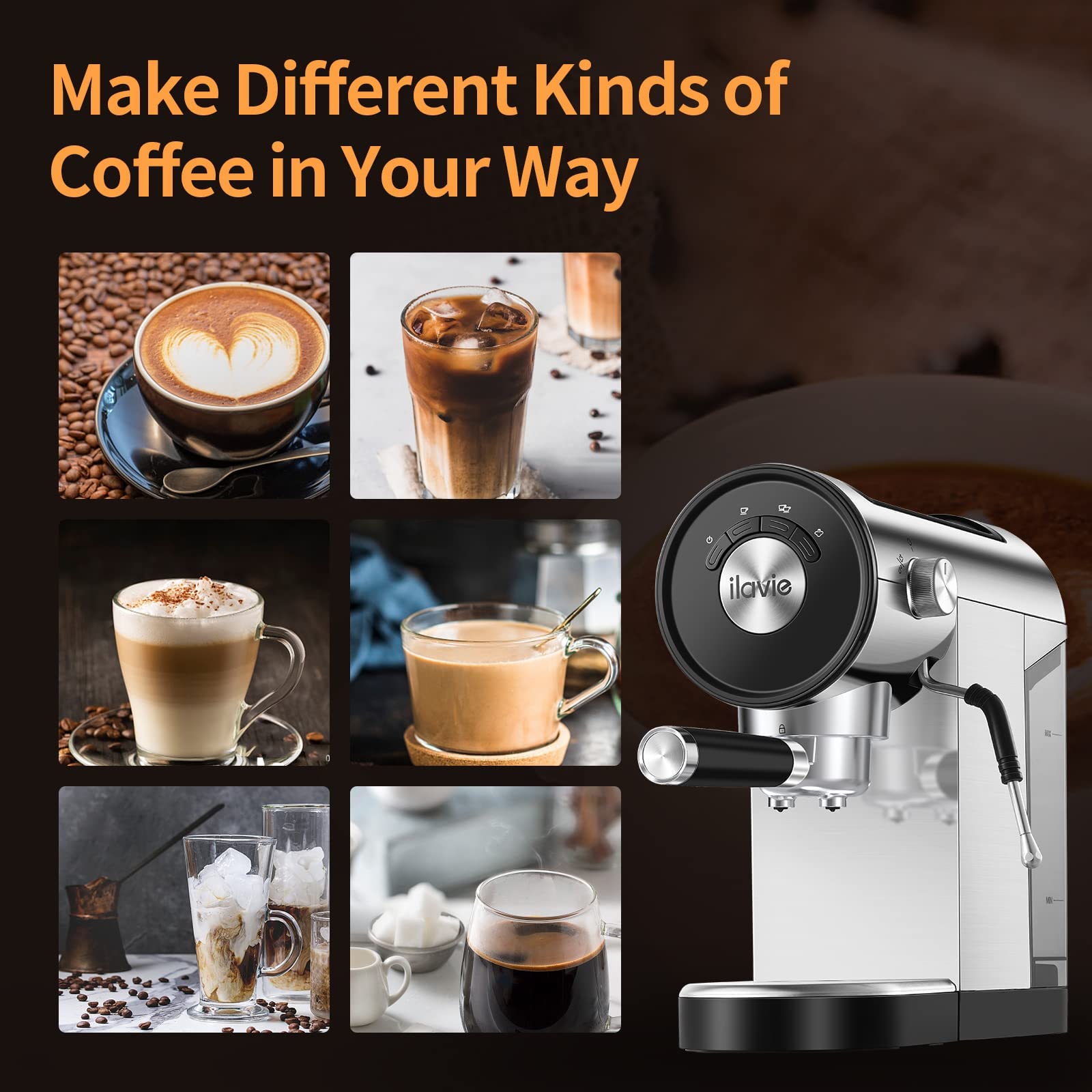 ILAVIE Espresso Machine with Steamer, 20Bar Espresso Coffee Machine with 30 oz Removable Tank for Cappuccino, latte, Compact Espresso Maker for Home Office, 1250W