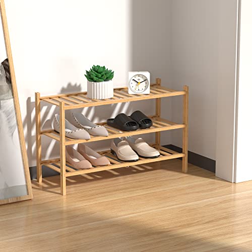 RONGJIA 3-Tier Natural Bamboo Shoe Rack - Stackable Storage Shelf with Multi-Function Combinations - Free Standing Shoe Racks for Convenient Shoe Organization(Natural) 11" D x 27" W x 20" H