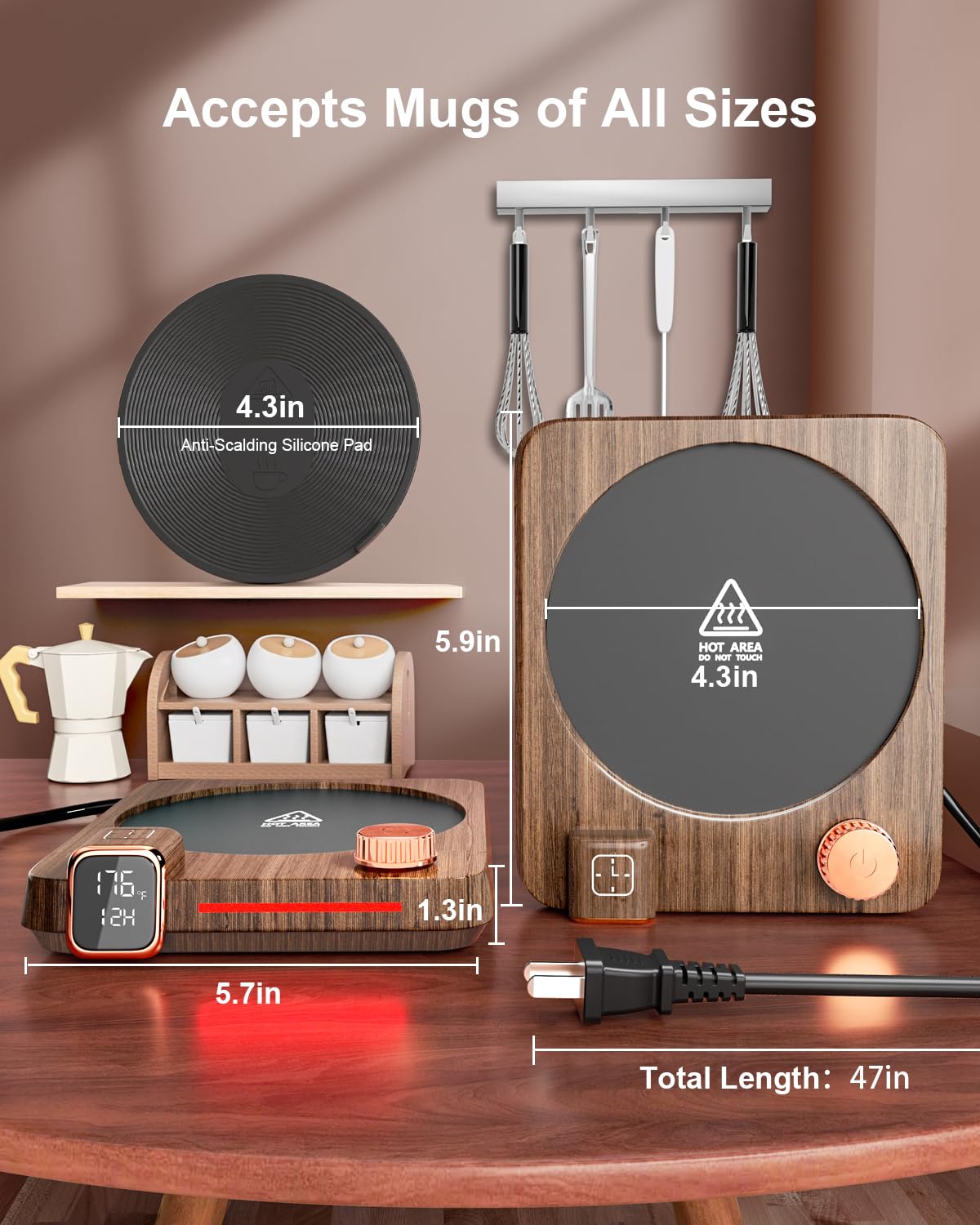 Mug Warmer, 40W Coffee Mug Warmer for Desk with Temperature Display, 1-12Hrs Auto Off/ON, Smart Coffee Cup Warmer with Anti-Scalding Silicone, Beverage Warmer for Coffee, Milk, Tea, Candle (Wood)