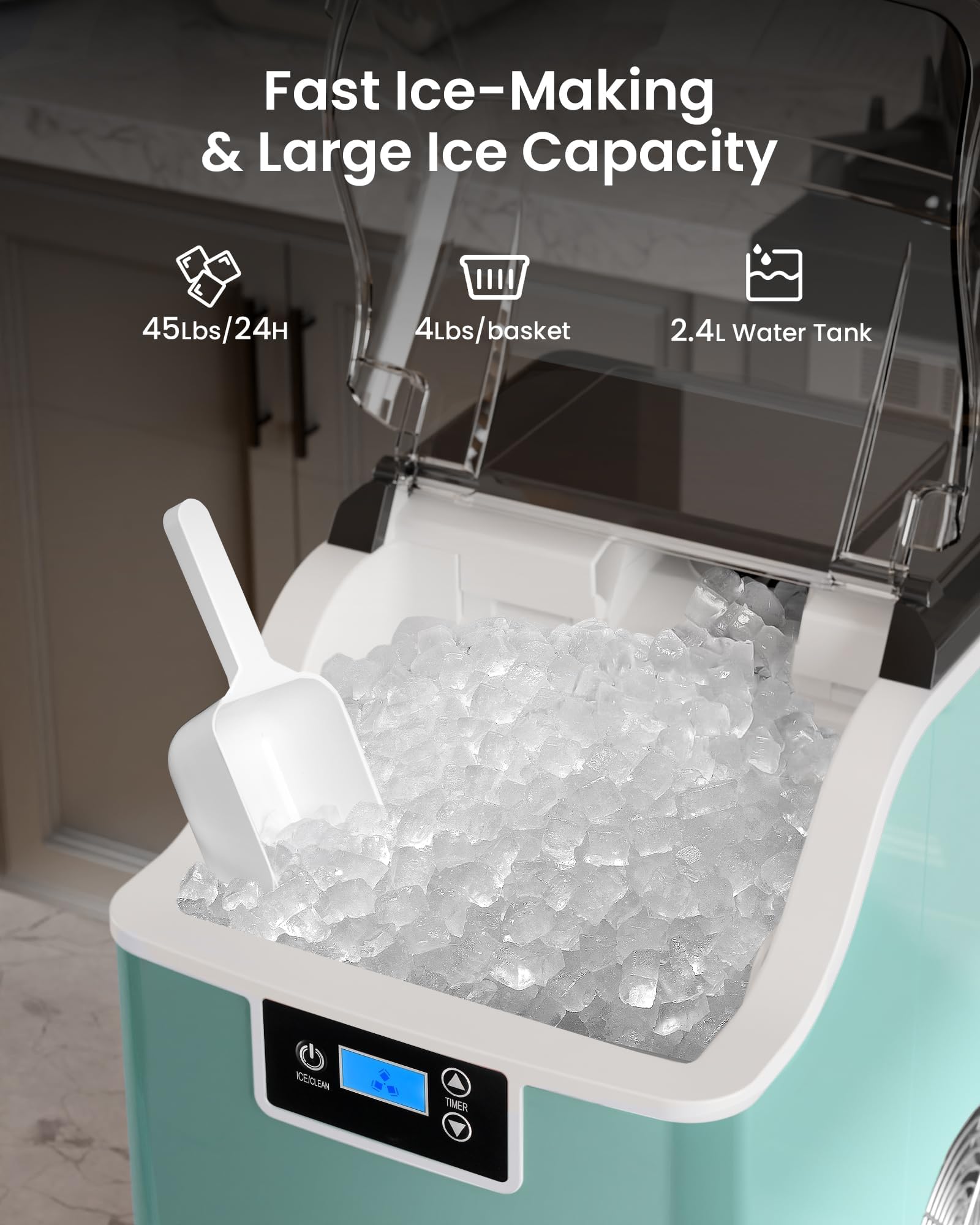 Kismile Nugget Ice Makers Countertop, 45lbs/Day Pebble Ice Maker Machine with 24-Hour Timer, Self-Cleaning Crushed ice Maker with Ice Scoop and Ice Basket for Home & Kitchen (Green)