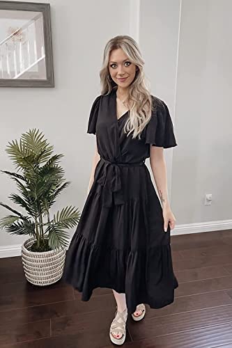 PRETTYGARDEN Summer Dresses for Women 2023 V Neck Wrap Short Sleeve Boho Midi Dress Tie Waist A Line Beach Sun Dresses (Black, Medium)
