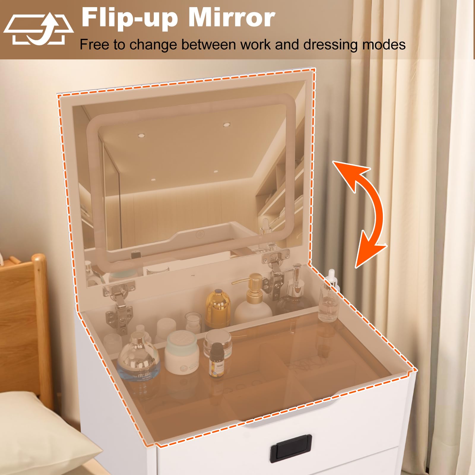 HVCBOSS 3 in 1 Vanity Desk with Plip Top Mirror, LED Light Small Make Up Vanity Set with Visible Glass Desktop, Compact Makeup Vanity with 4 Drawers, Dressing Table for Bedroom, White