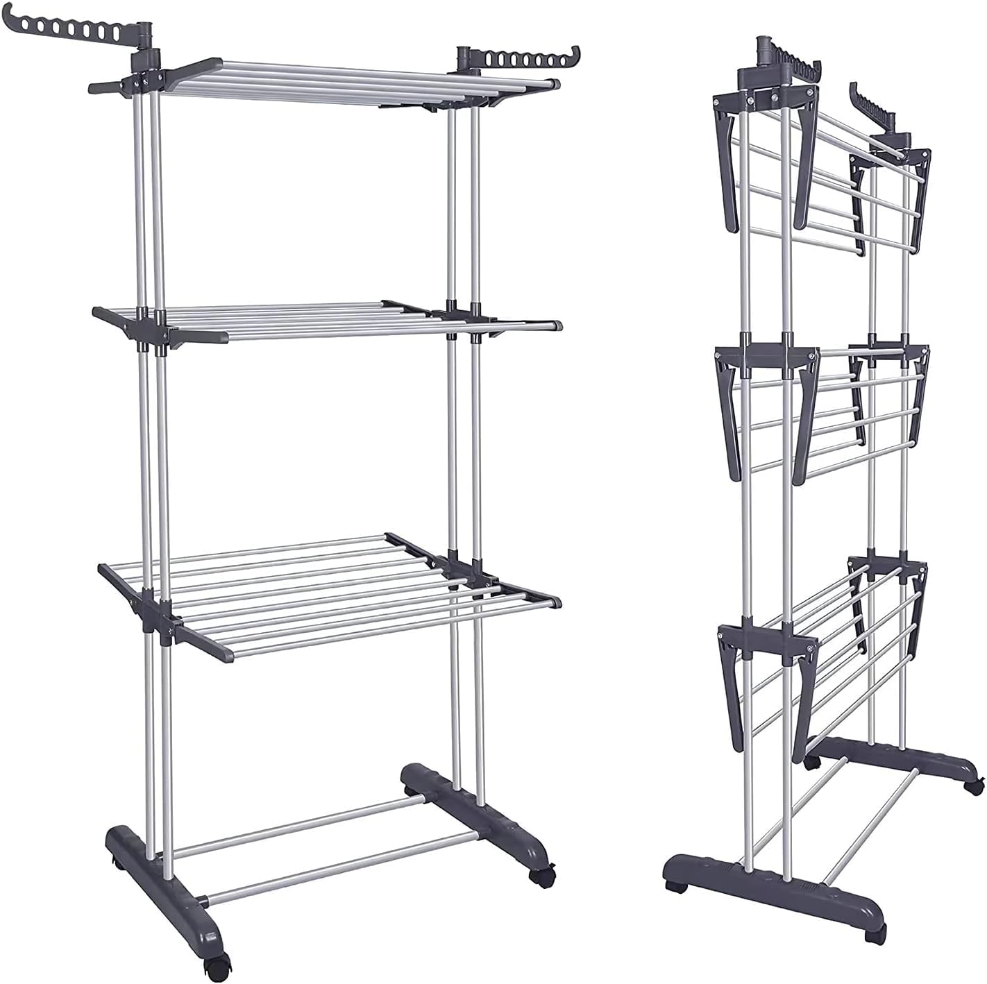 KissAir 4-Tier Folding Drying Rack, Clothes Drying Rack, Stainless Steel Free Standing Movable Laundry Rack, Heavy Duty Rack for Clothing, Bed Linen, Grey