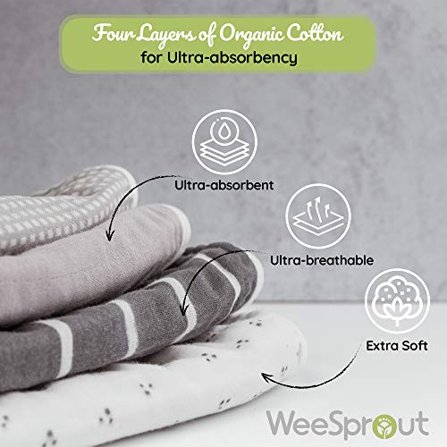 WeeSprout Unisex Set of 4 Organic Towel Cotton Burp Cloths Four Ultra-Absorbent Layers Keep Clothes Dry, Button Transforms Burp Cloth into Baby Bib, Machine Washable (Neutral Set, Full)
