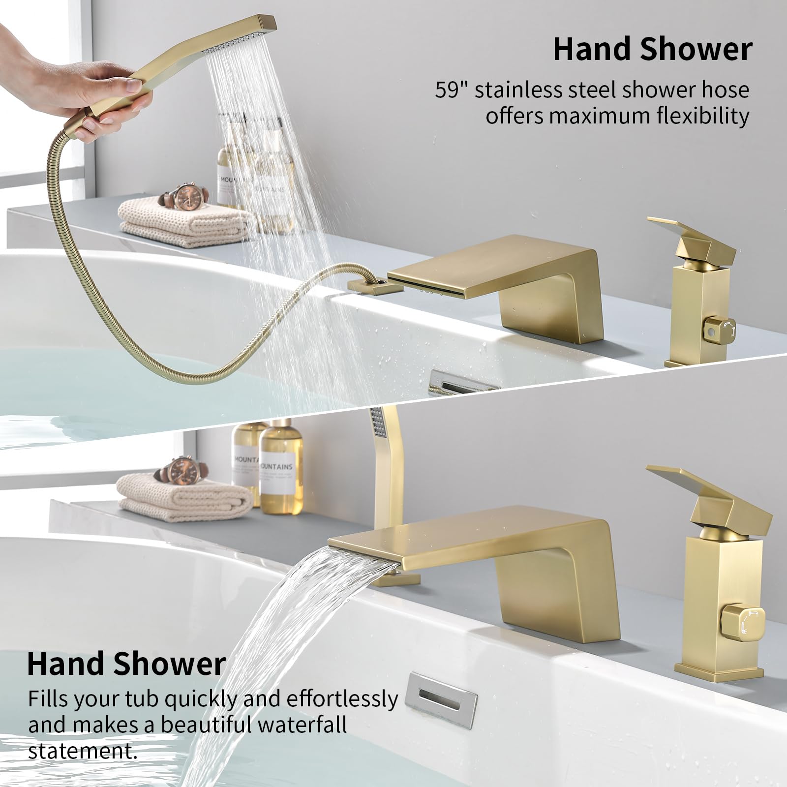 Waterfall Roman Tub Faucet with Hand Shower Deck Mount Bathtub Faucet with Hand Shower Widespread Bathtub Faucets Set Bathtub Shower Faucet Set Brushed Gold - 1725BG