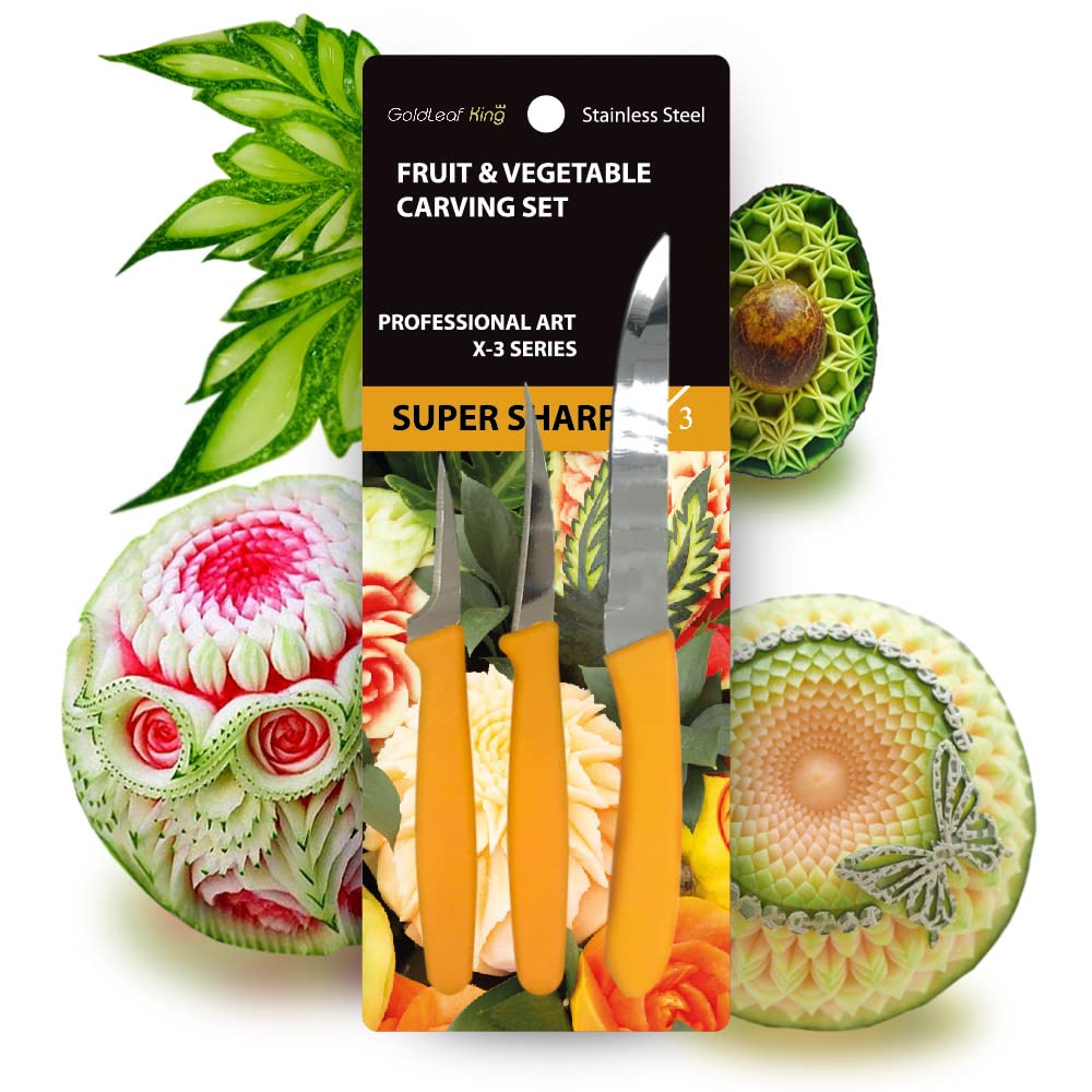 GoldleafKing Super Sharp X-3 Series Bundle Pack | Fruit & Vegetable Carving Set of 3 | 2, 2.5, 4.5 Inch Orange Handle | Fruit Carving Tools Carving Knives