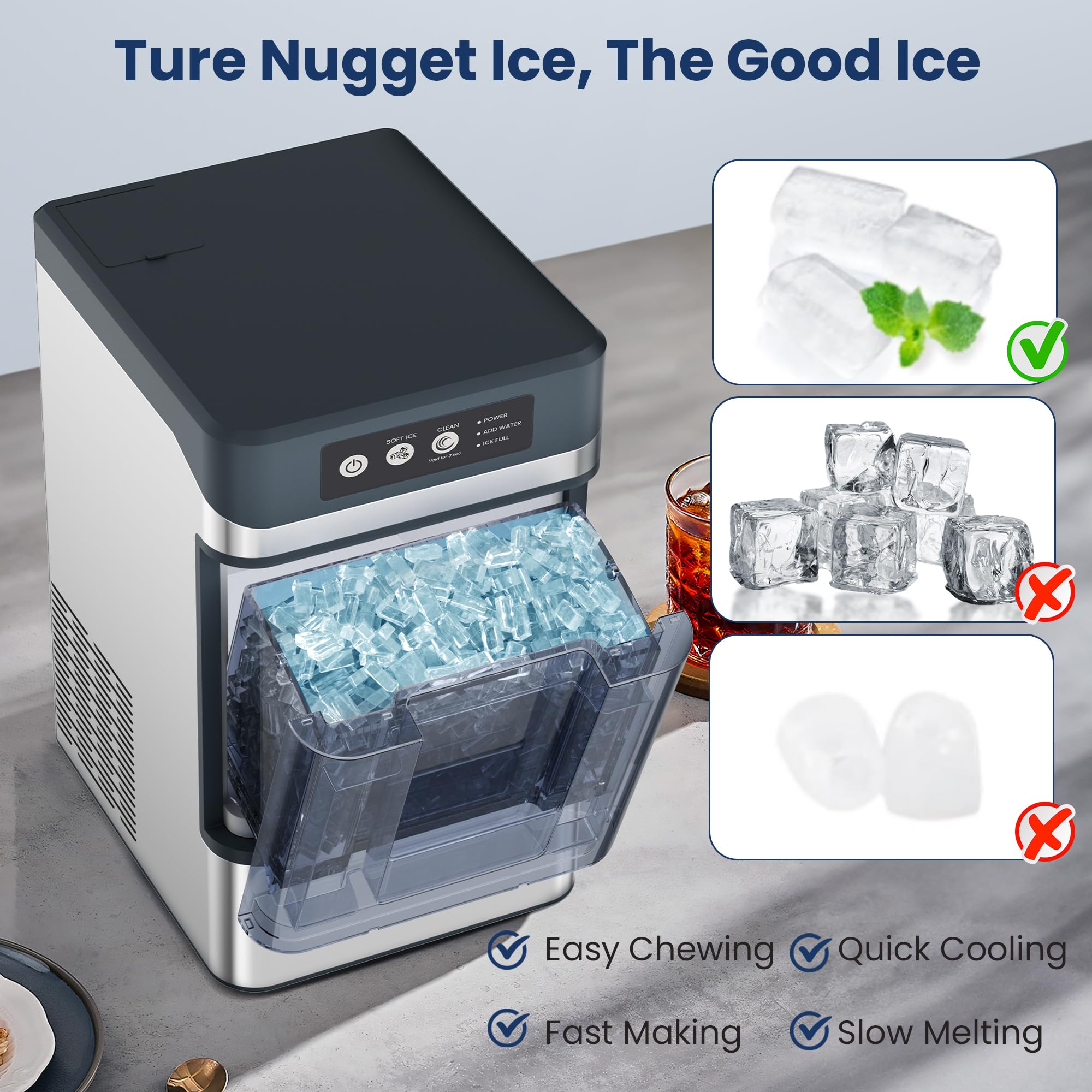 MERITLIFE Pellet Nugget Ice Maker,Countertop Small Ice Machine,Crunchy Chewable Soft Ice,1.3L Water Tank,Auto Cleaning,Fresh Ice for Kitchen,Bars,Office,Parties (M2)