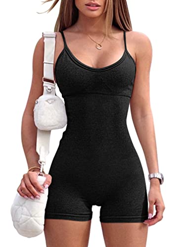 OQQ Women's Yoga Seamless One Piece Spaghetti Strap Tummy Control Padded Sports Romper Bra JumpSuit, Black, Small