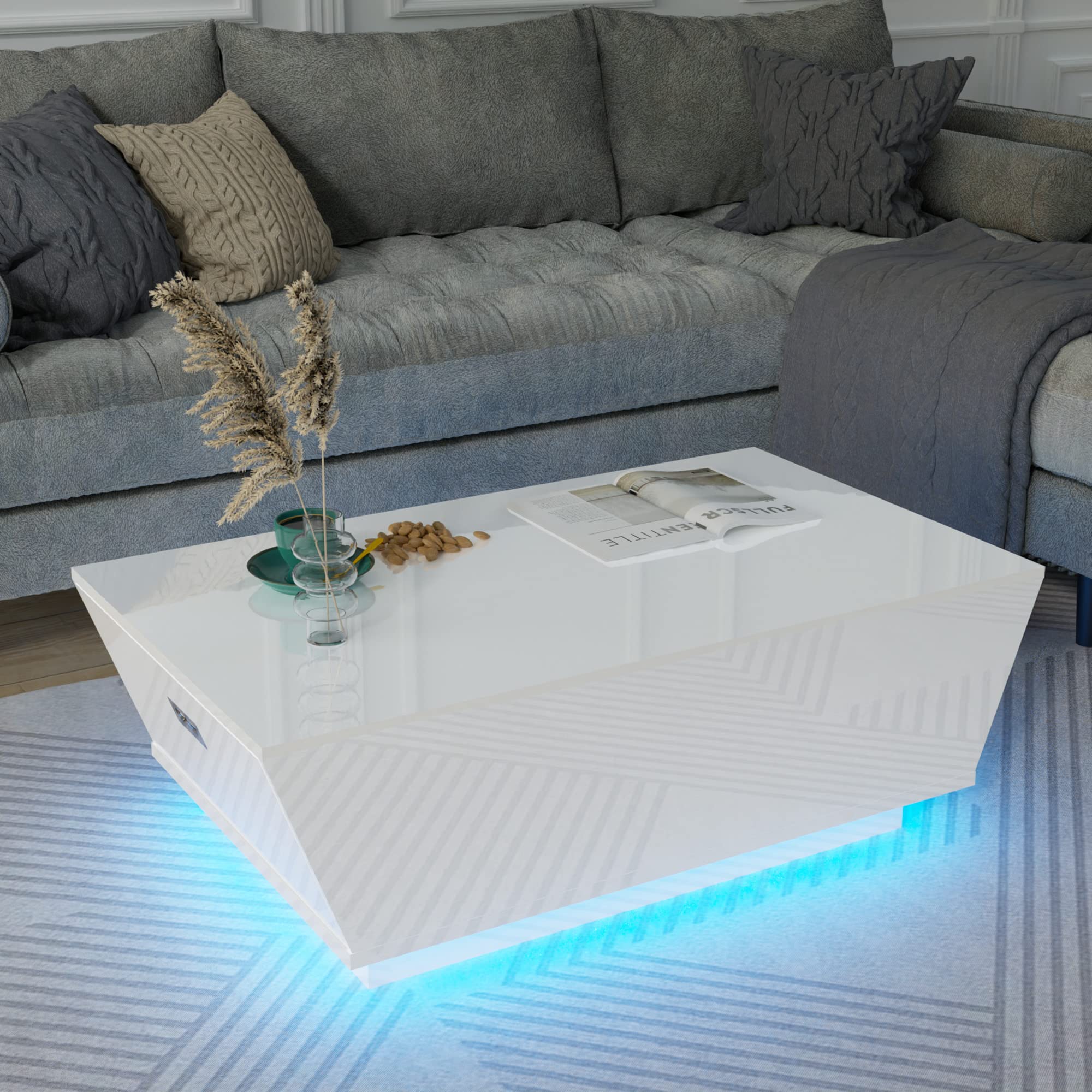 Cozy Castle Black Modern Coffee Table with LED Lights, High Gloss Coffee Table with Storage Drawers, Contemporary Center Table for Living Room