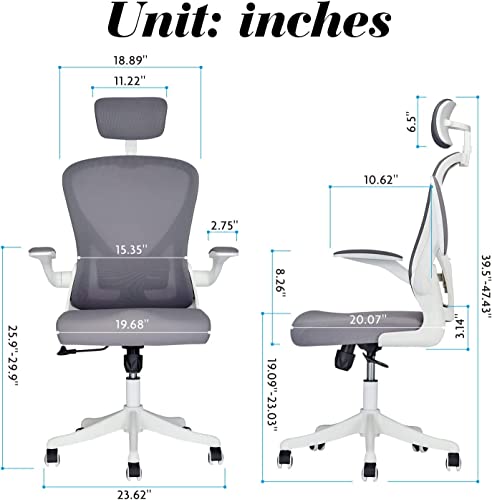 Moppson Ergonomic Office Chair, High Back Desk Chair,360-Degree Swivel,Adjustable Height with Flip-Up Arms,Tilt Function,Cushion for Lumbar Support Office Chair (White)