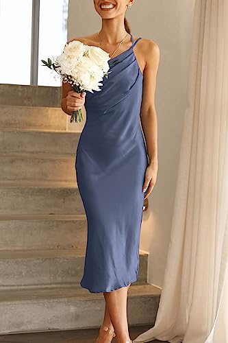 PRETTYGARDEN Women's Midi Satin Dress One Shoulder Spaghetti Strap Backless Ruched Summer Bodycon Dresses (Dark Grey Blue,Small)
