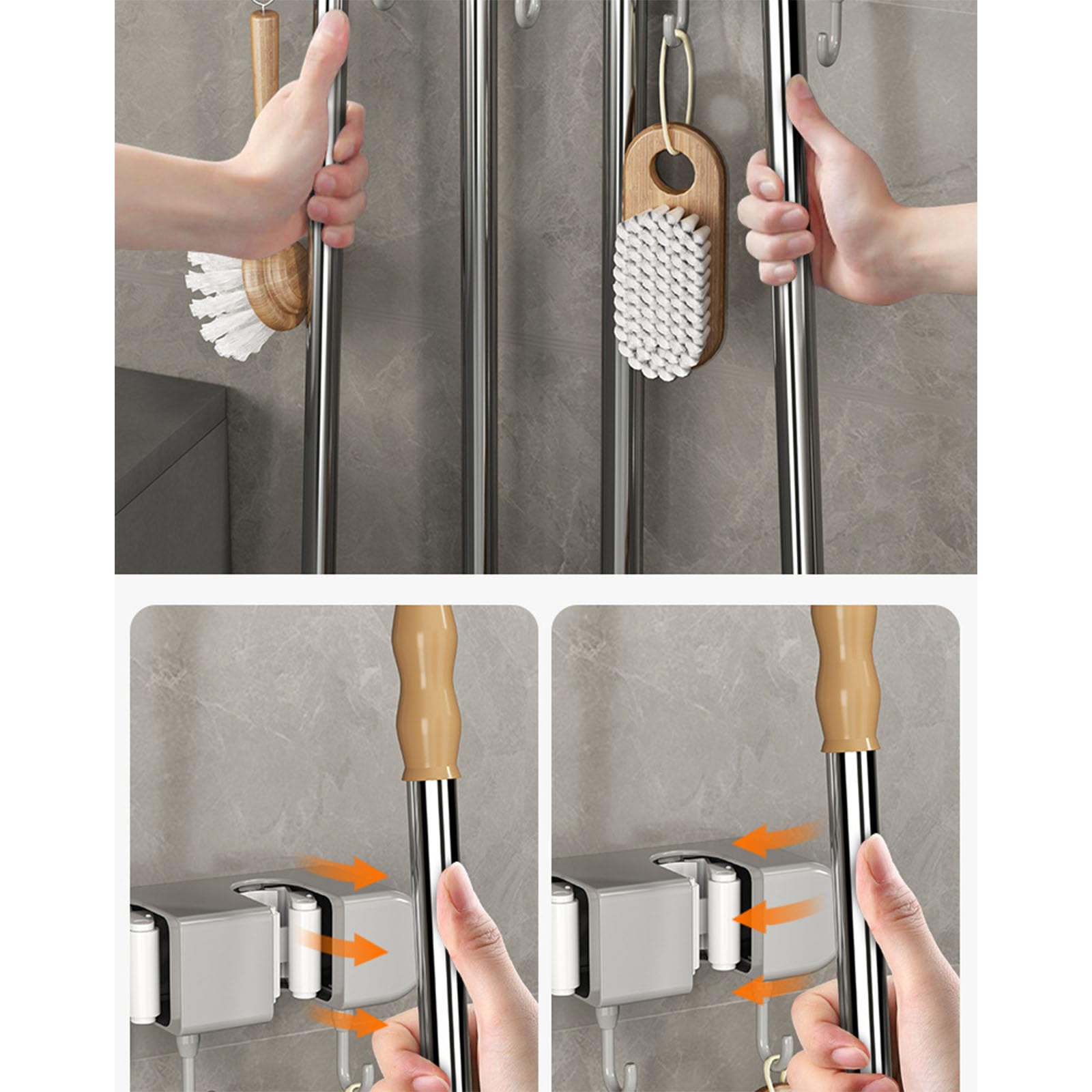 Multifunctional Mop Holder with Hooks, Wall Mounted Self-Adhesive, 4 Clips, 5 Hooks (Gray)