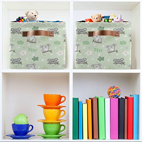 Kigai Collapsible Storage Basket with Handles, Cartoon Koala Canvas Fabric Storage Bins Toys Clothes Organizer for Bedroom, Nursery, Shelves, Closets (2PACK)