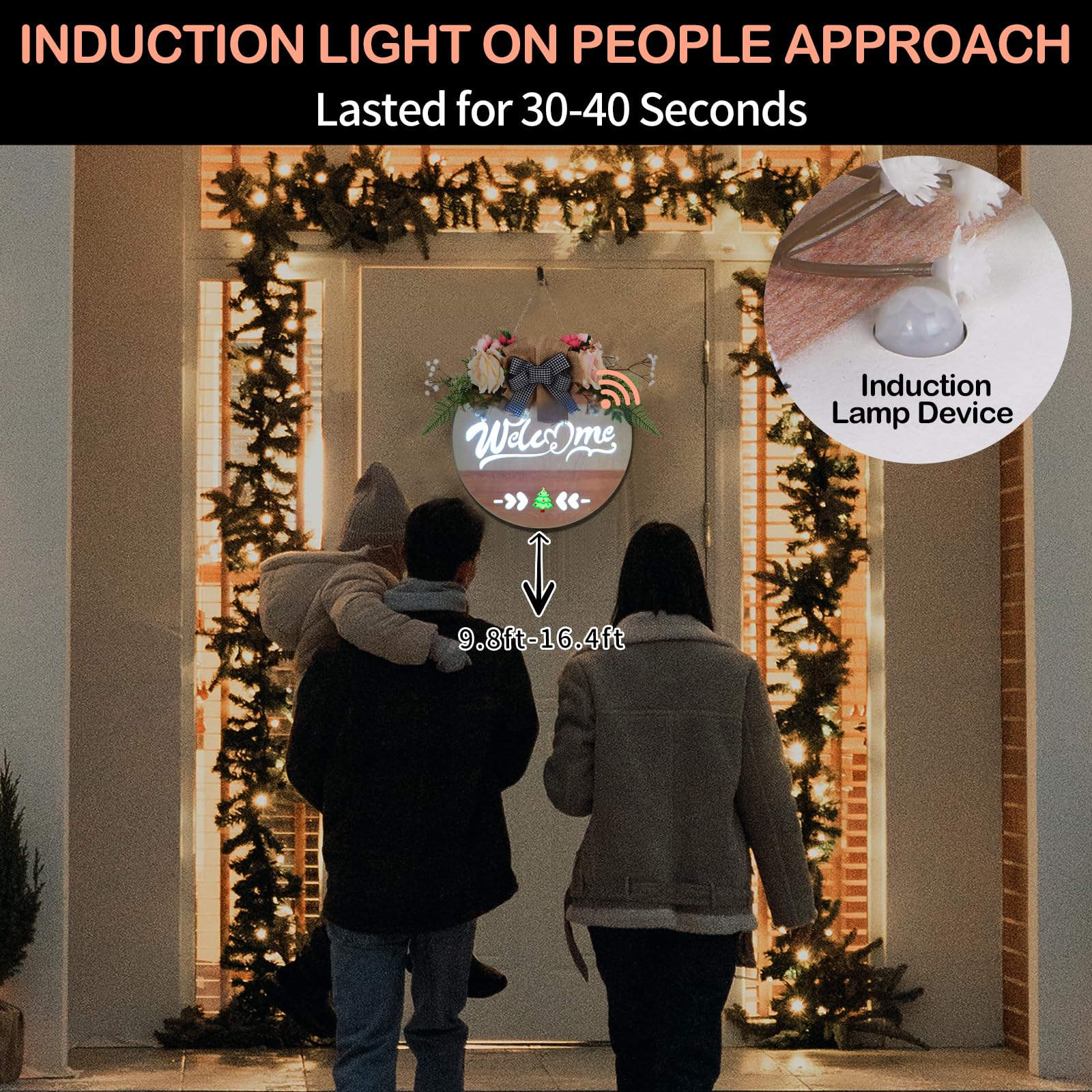 Interchangeable Welcome Sign with Automatic Induction Light, Welcome Sign for Front Door, Welcome Door Sign with 8 Interchangeable Seasonal Icons, Welcome Sign Wall Hanging Farmhouse(Wood Grain)