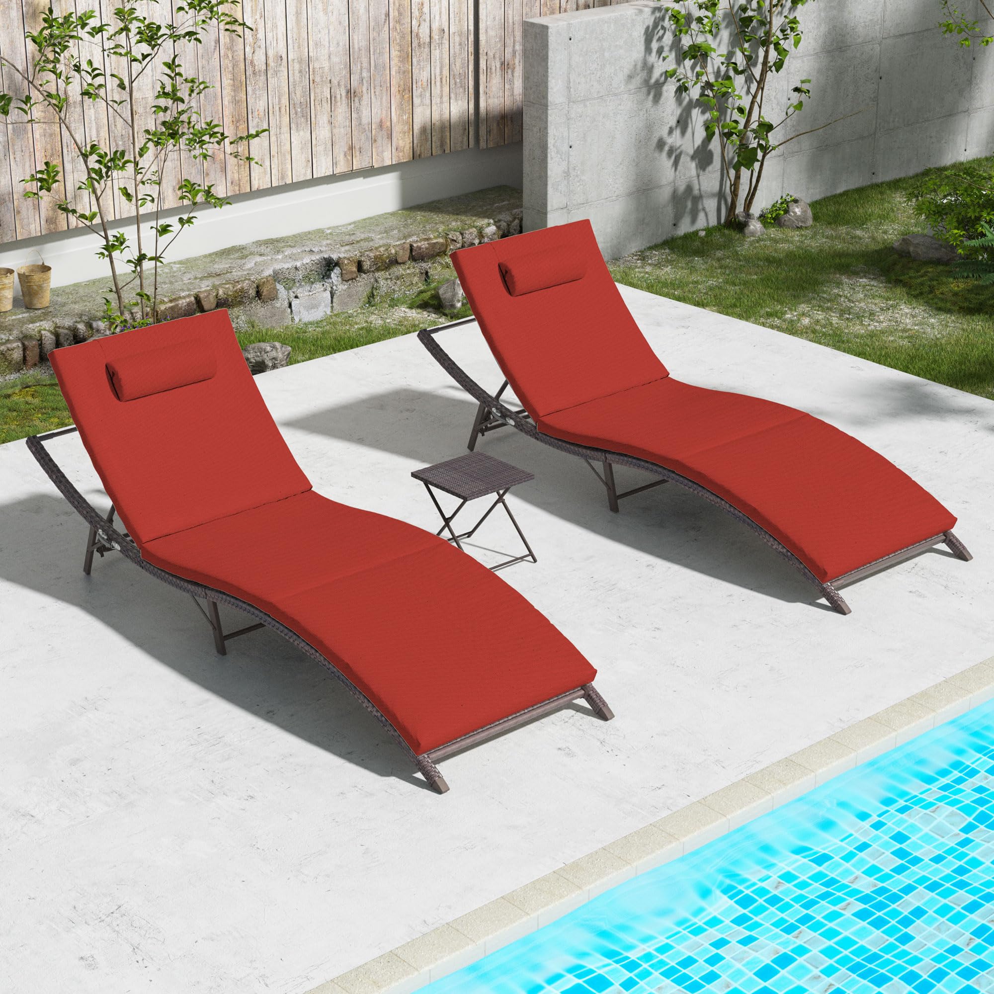 Kullavik Lounge Chair for Outside,3 Pieces Chaise Lounge Outdoor Folding Pool Lounge Chairs Including Table Rattan Patio Furniture Set,Red