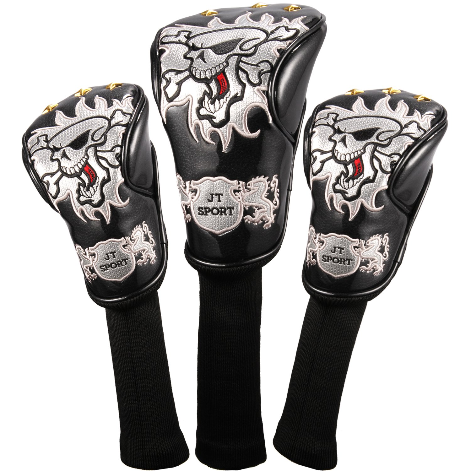Crtystal Leather Skull Head Embroidery Style Golf Club Headcover Set Protector (3pcs/Set Black Cover)