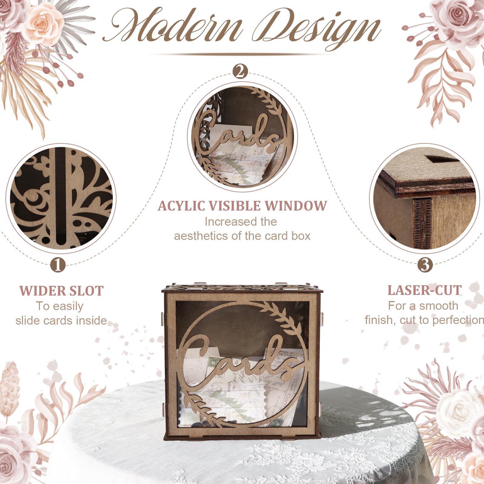 OurWarm Wedding Card Box for Wedding Reception, Wooden Wedding Card Boxes with Window, Brown Wedding Envelope Money Gift Card Box for Baby Shower Birthday Graduation Party Rustic Wedding Decorations