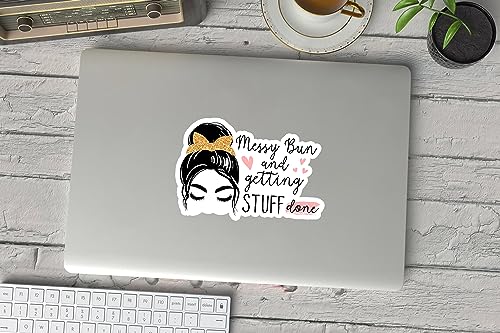 Miraki Messy Bun And Getting Stuff Done Stickers, Teacher Stickers, Funny Stickers, Water Assitant Die-Cut Vinyl Funny Decals for Laptop, Phone, Water Bottles, Kindle Sticker