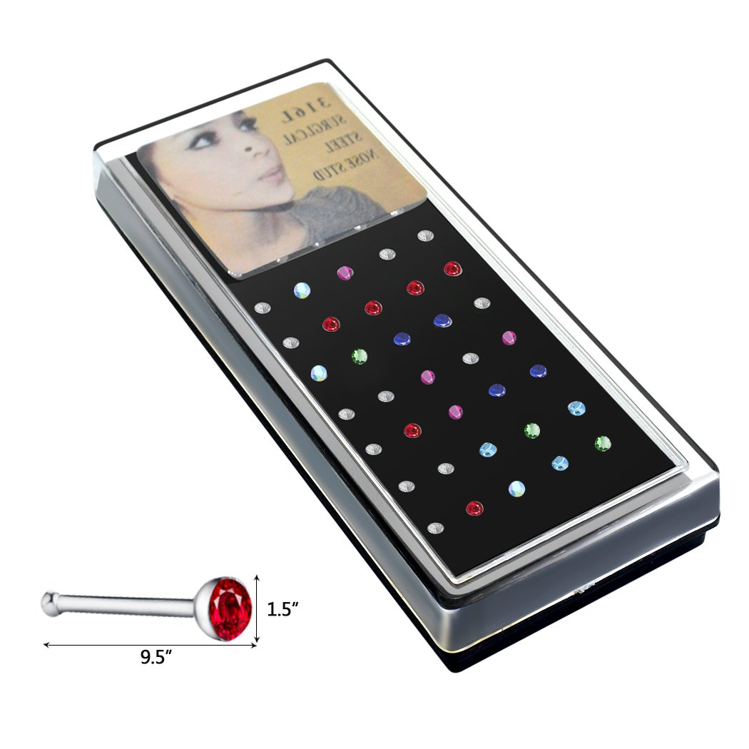 cnomg 2 Sets 120 pcs Stainless Steel Nose Ring Body Piercing Jewelry Nose Bone Stud Nose Hoop Crystal Hypoallergenic White+Multicolor