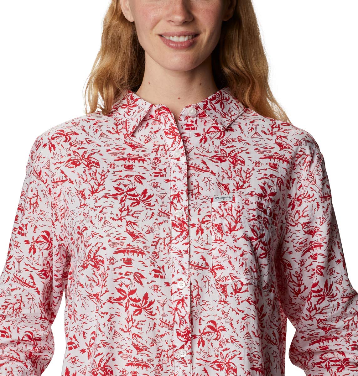 Columbia Women's Slack Water Woven Long Sleeve Shirt, Harbor Blue Kona Print, X-Large