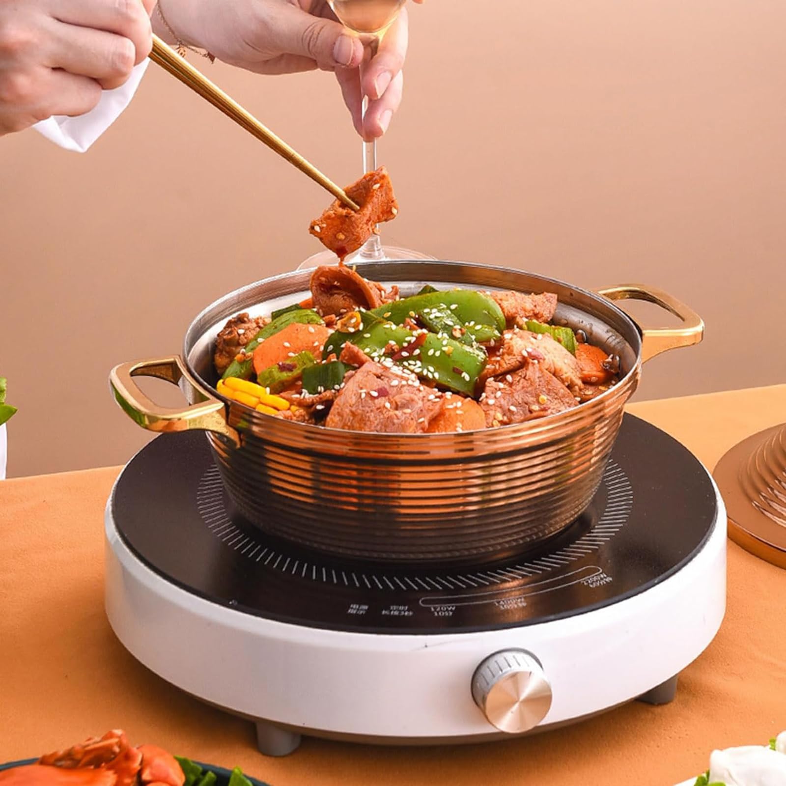 Hgjgwqh Moroccan Tagine Cooking Pot, 304 Stainless Steel Non Stick Tagine Pot with Cone-Shaped Closed Lid Large Moroccan Cooker Handmade Stovetop Pot,Gold,27cm