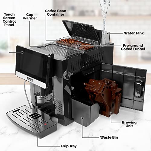 Zulay Magia Super Automatic Coffee Espresso Machine - Durable Automatic Espresso Machine With Grinder - Espresso Coffee Maker With Easy To Use 7β Touch Screen, 19 Coffee Recipes, 10 User Profiles