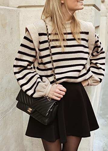 PRETTYGARDEN Women's Sweaters Casual Long Lantern Sleeve Crewneck Ribbed Knit Pullover Striped Jumper Tops Blouse (Beige Apricot,X-Large)
