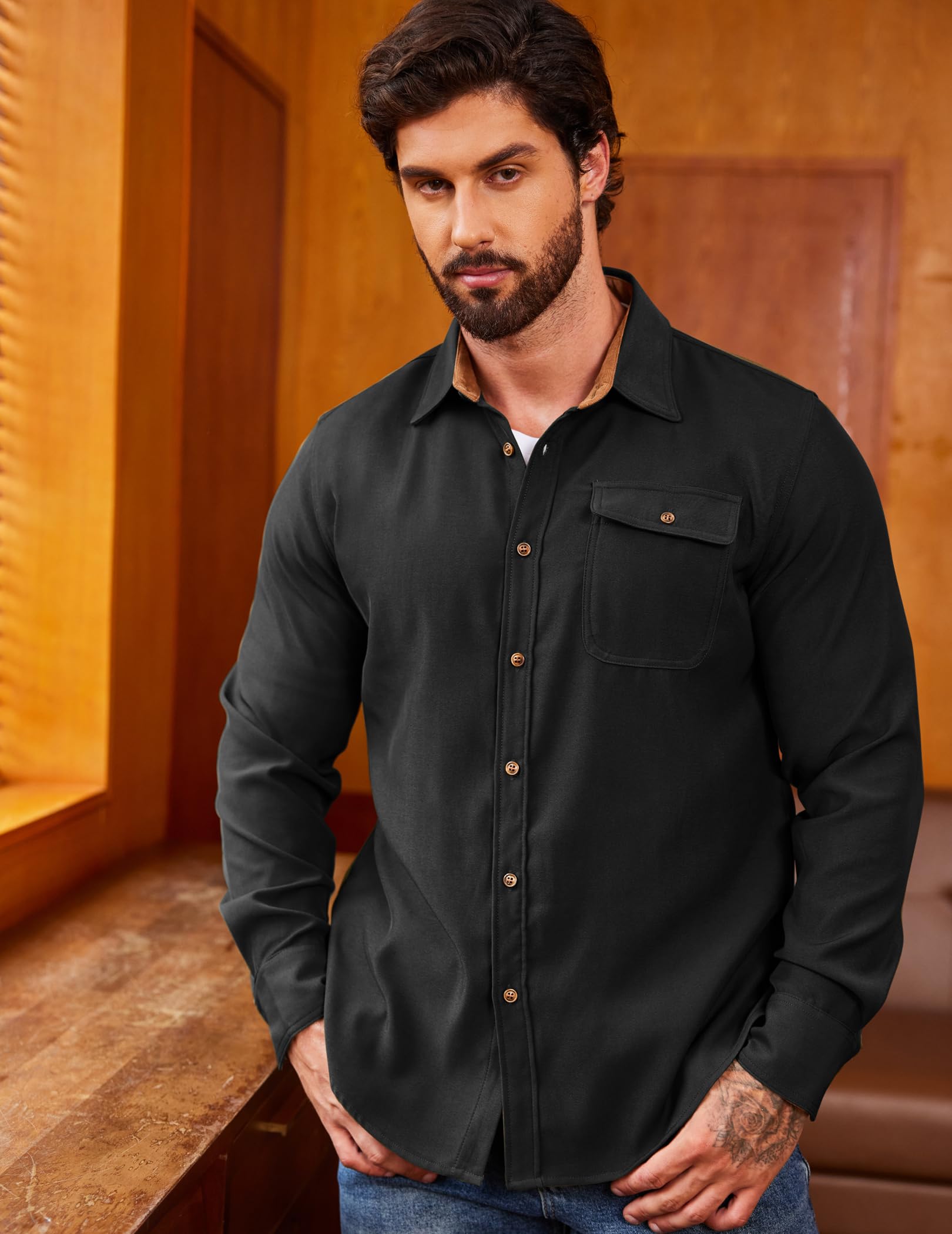 COOFANDY Men's Shirt Jacket Lightweight Flannel Plaid Shirt Long Sleeve Button Shirts Black