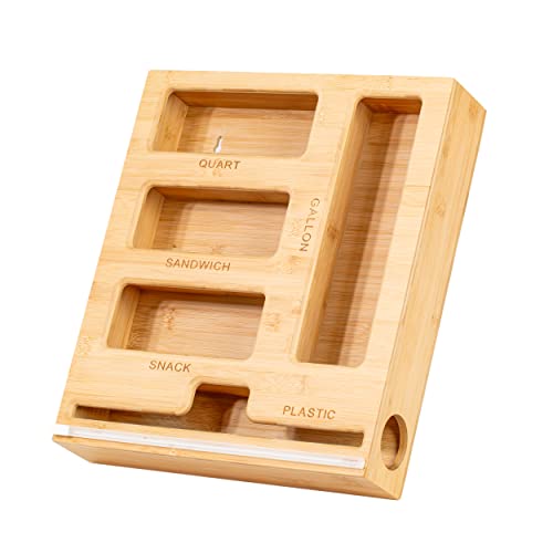 MillTu Ziplock Bag Storage Organizer for Kitchen Drawer, 5 in 1 Bamboo Food Storage Bag Organizer with Plastic Wrap Organizer, Compatible with Gallon, Quart, Sandwich, Snack Bag ďź Kitchen Rolls