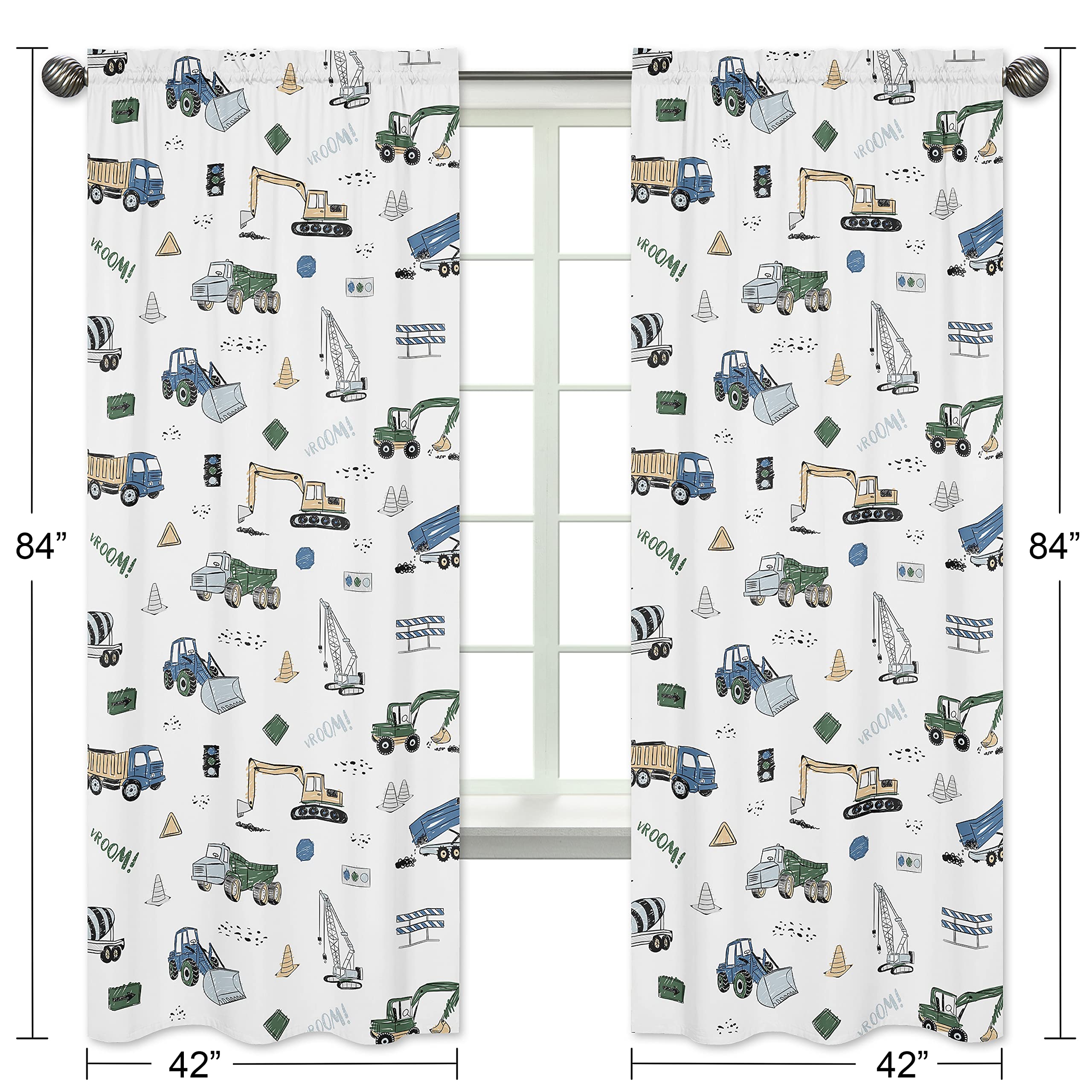 Sweet Jojo Designs Construction Truck Window Treatment Panels Curtains - Set of 2 - Grey Yellow Black Blue and Green Transportation