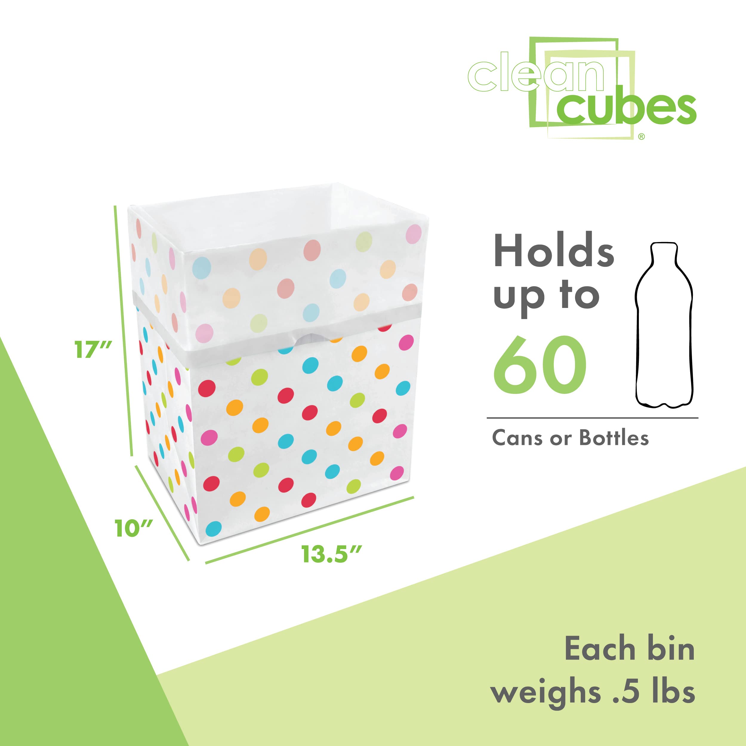 Clean Cubes 13 Gallon Disposable Trash Cans (3-Pack). Reusable Garbage and Recycling Bins for Parties, Events, and More (Polka Dot - 18" Tall x 14" Wide 10" Deep)