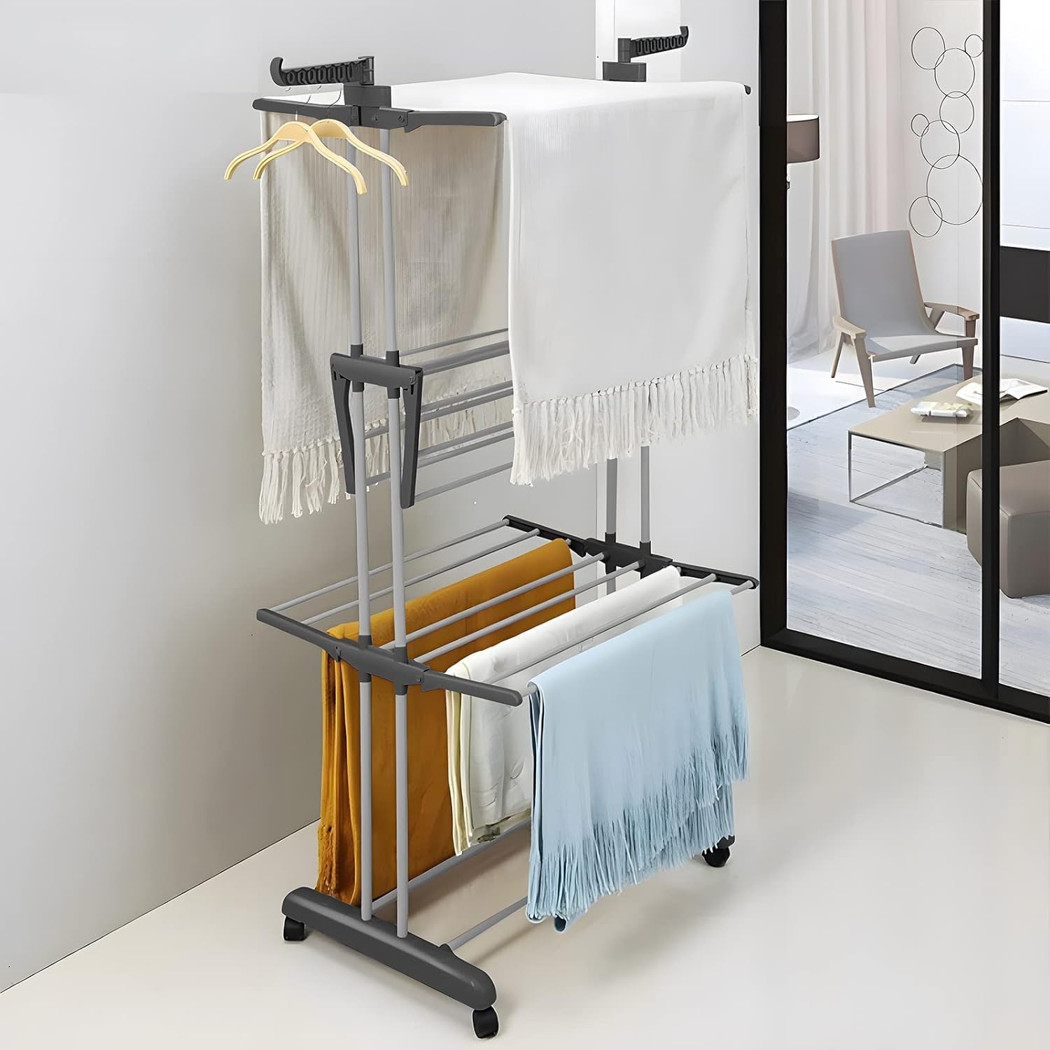 KissAir 4-Tier Folding Drying Rack, Clothes Drying Rack, Stainless Steel Free Standing Movable Laundry Rack, Heavy Duty Rack for Clothing, Bed Linen, Grey
