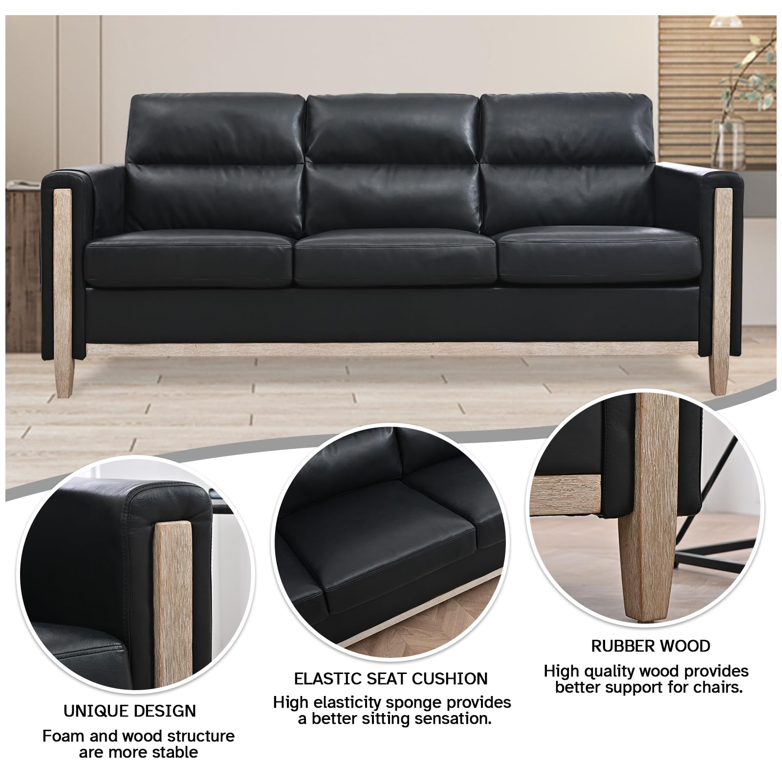 KUVENQIW Faux Leather Sofa Couch with 2 Side Storage Pockets 79.5" Solid Wood 3 Seater Sofa,Soft Cushions,Thick Backrest,Couches for Living Room/Bedroom/Office (Black PU Three-Seater)