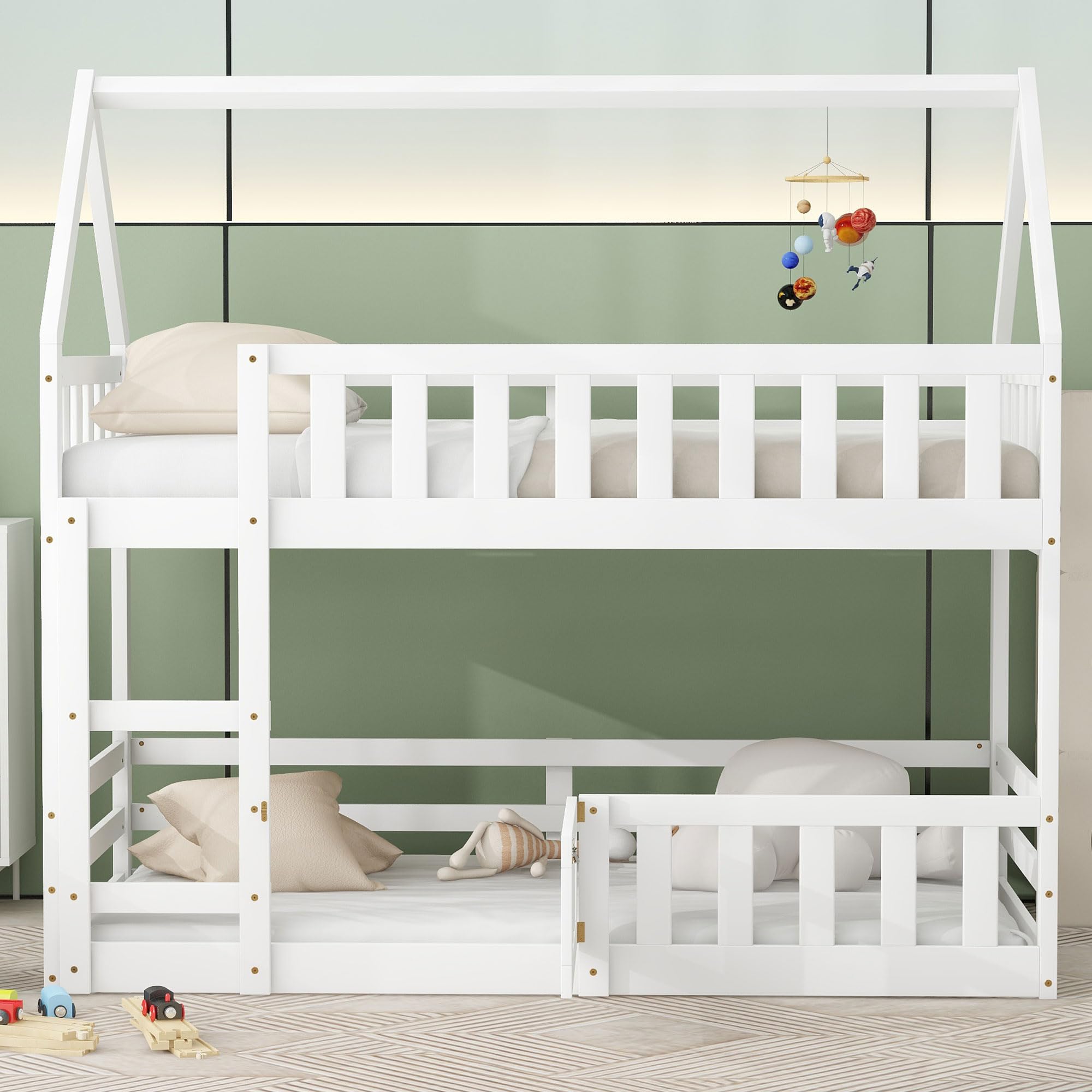 LZ LEISURE ZONE Twin Over Twin Bunk Bed, Wood Twin Size House Bed with Fence and Door, No Box Spring Needed, White
