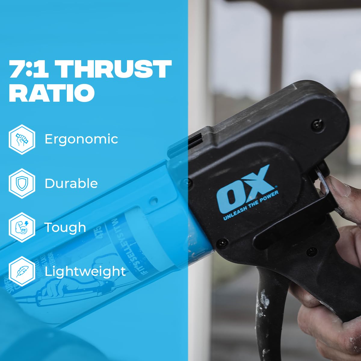 OX Tools Rodless Caulk Gun - 7:1 Thrust Ratio, Foldable Belt Clip, Patented Design, Compact for Tight Spaces, Reinforced Carriage, Glass Filled Nylon Handle, 13 1/2" Length, 10 oz Capacity…