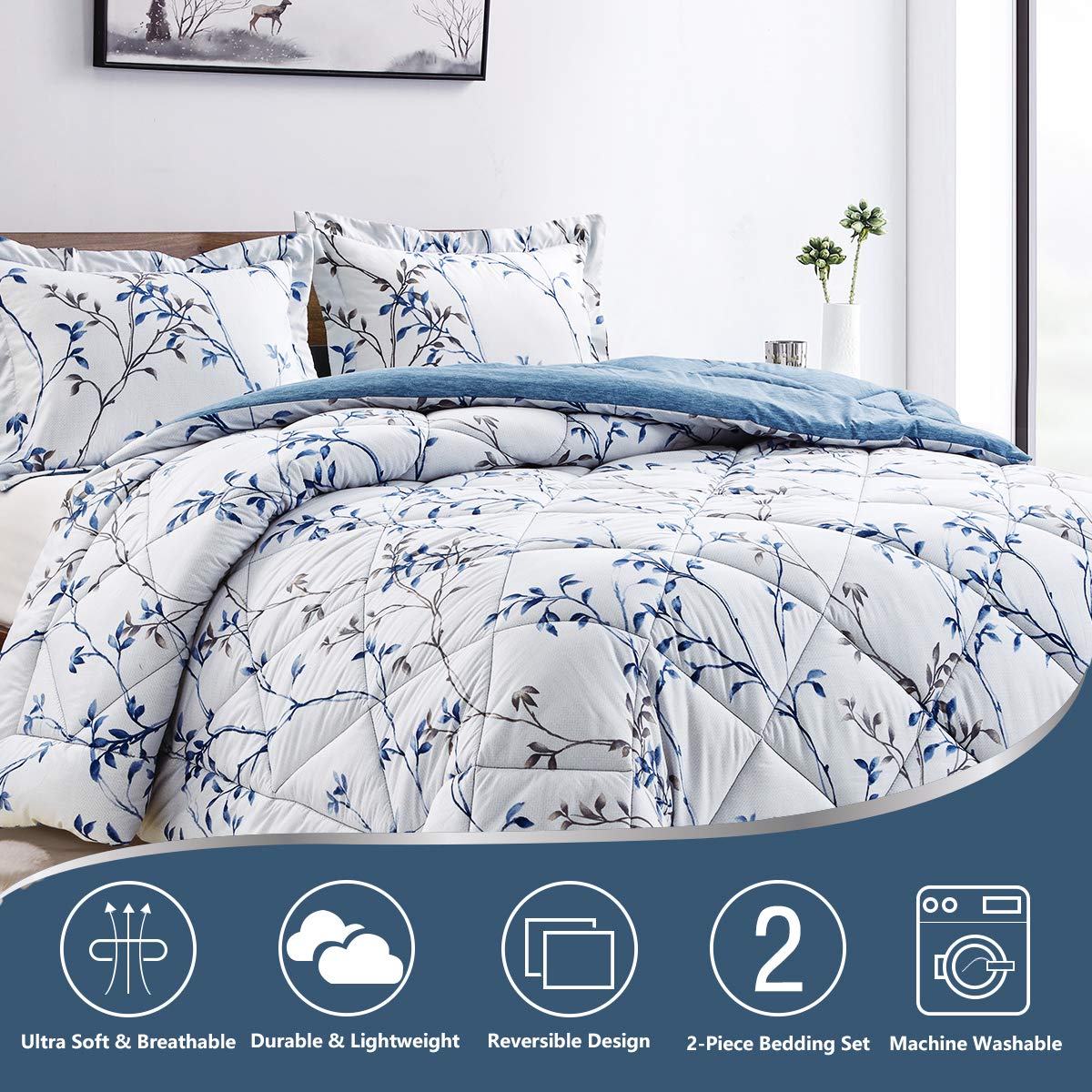 CozyLux Twin 2 Pieces Printed Comforter Set for Kids with Orchid Floral Pattern Lightweight Soft Down Alternative Duvet Insert - Fluffy Microfiber Bed Set for All Season, Blue Flower