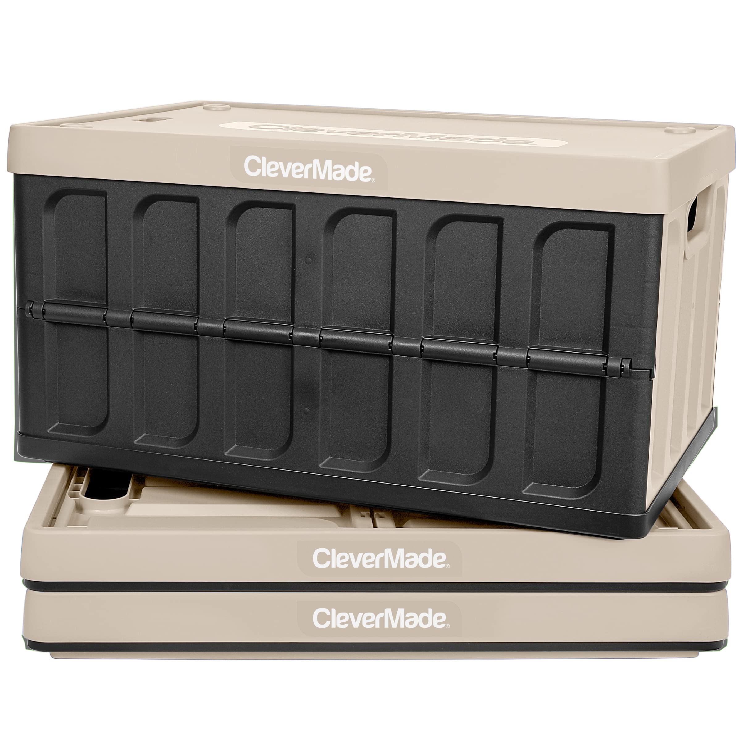CleverMade 62L Collapsible Storage Bins (3 Pack, Tan) NO LID-Stackable Storage Containers & 46L Collapsible Storage Bins with Lids - Folding Plastic Stackable Utility Crates