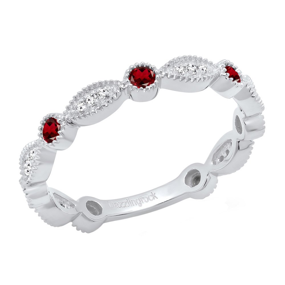 Dazzlingrock Collection Alternating Round Garnet & White Diamond 7 Stone Stackable Wedding Band Ring for Women in 14K White Gold, Size 7