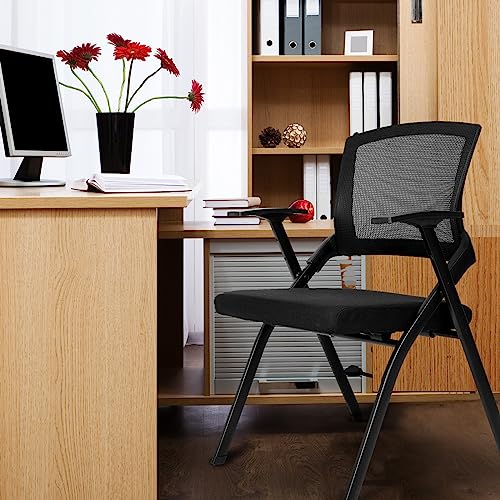 Sintuff Folding Chair with Arms and Padded Seats Comfortable Metal Folding Chairs Portable Foldable Office Chair Mesh Task Chair for Home Apartment School Meeting Room Table (Black,2 Pcs)