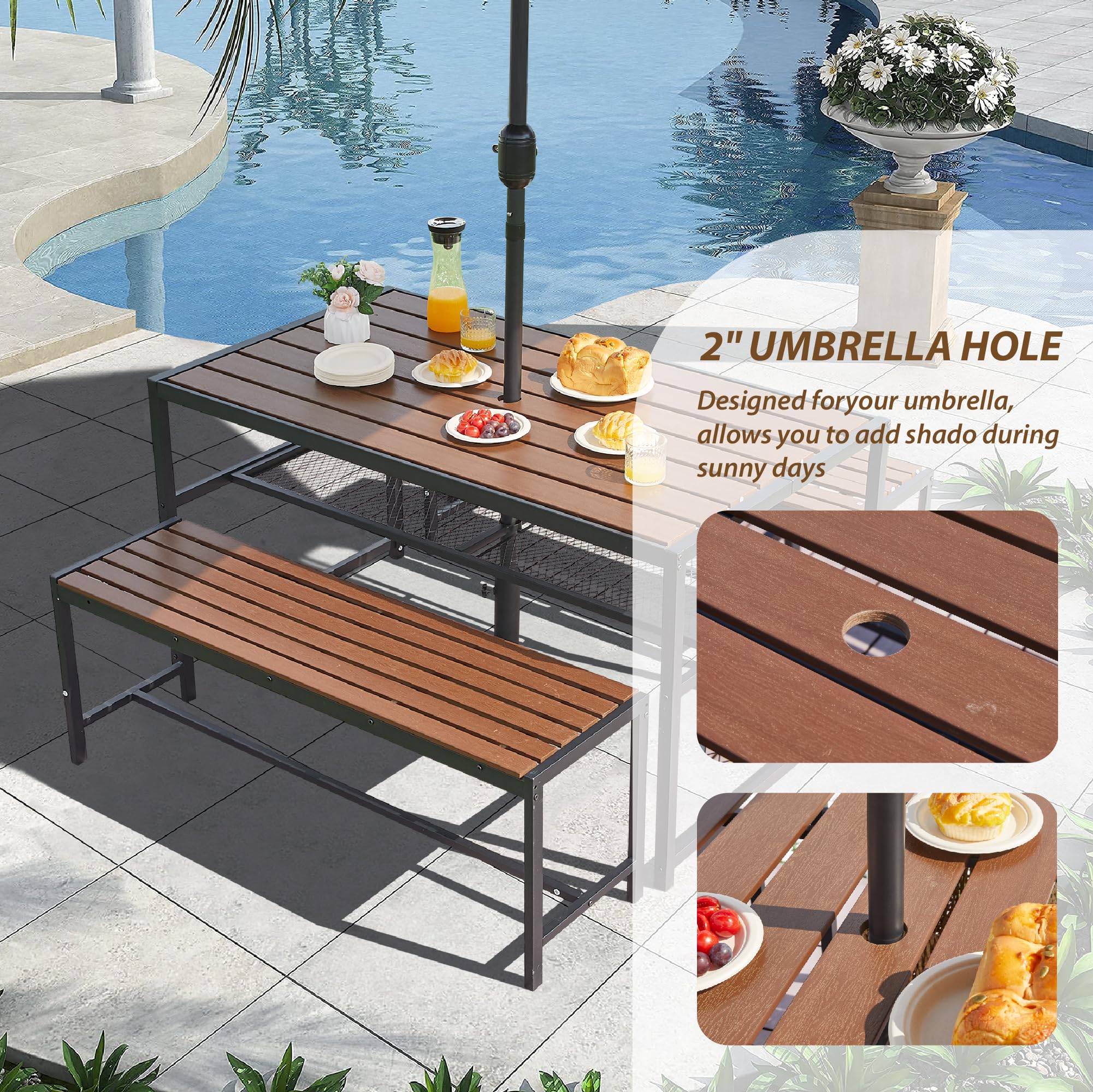 Outdoor Dining Set Picnic Table and Benches with 2" Umbrella Hole and Storage Shelf, Plywood Patio Dining Sets for 4-6 People, All-Weather Picnic Set for Garden Backyard Poolside - Brown