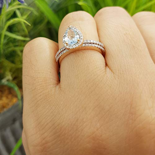 Dazzlingrock Collection 7X5 MM Pear Aquamarine & Round Diamond Ladies Teardrop Wedding Ring Set in 10K Rose Gold, Size 6
