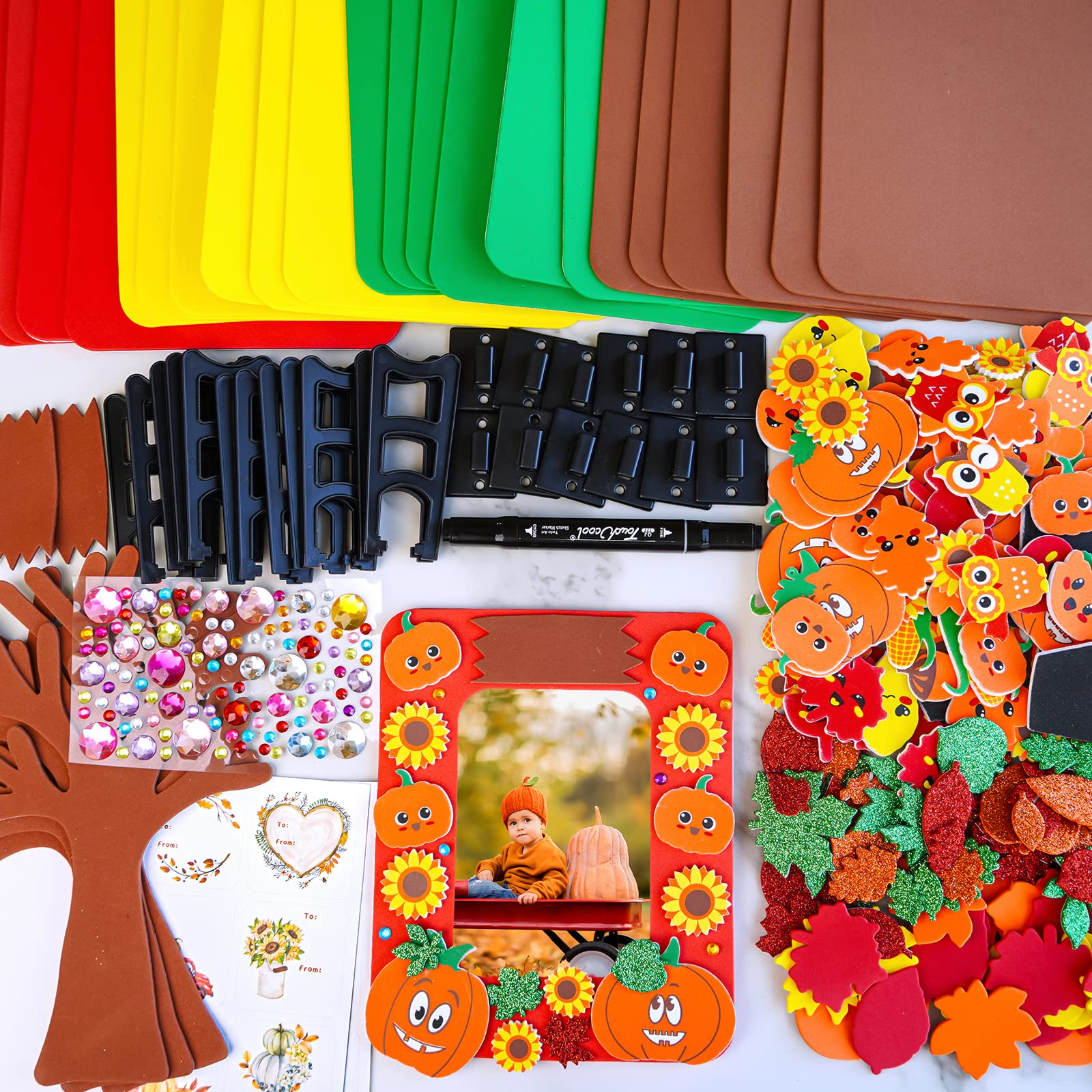 Winlyn 12 Sets Fall Craft Kits Fall Thanksgiving Picture Frame Decorations Art Sets Tree of Thanks Turkey Owl Smile Face Pumpkin Autumn Leaf Foam Stickers Arts and Crafts for Kids Party Activities