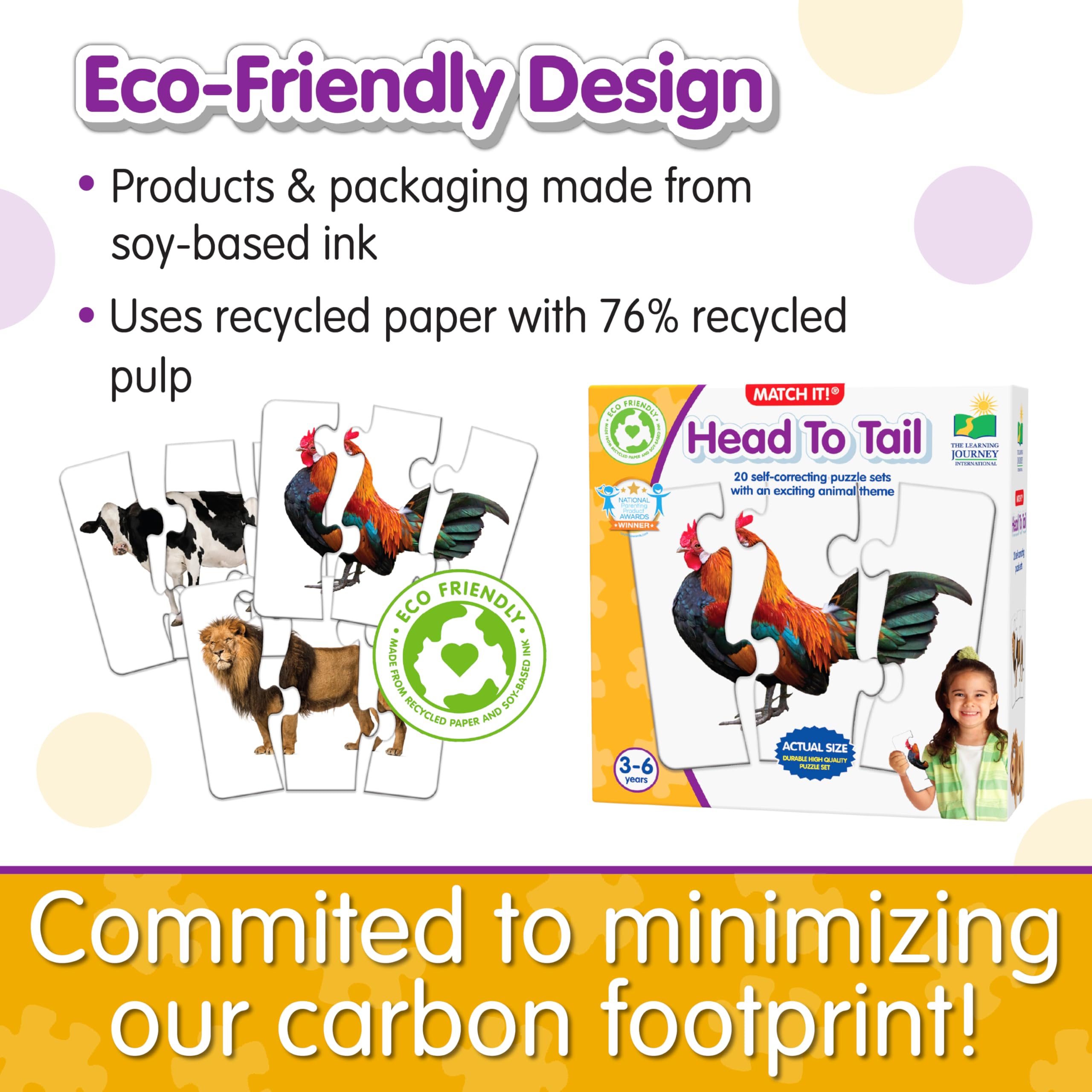 The Learning Journey: Match It! Head to Tail - 20 Self-Correcting Animal-Themed Puzzle Sets - Matching Puzzles for Children Ages 3-6 Years (40 Pieces), White