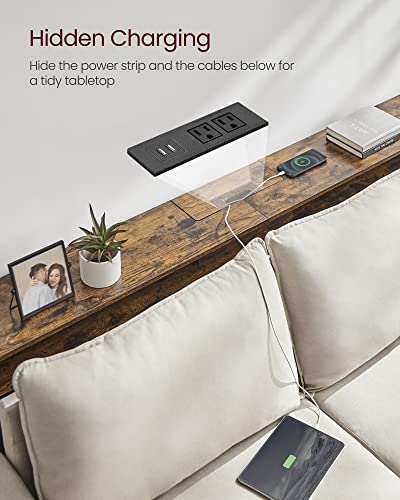 VASAGLE 70 Inch Console Table with Outlet and Shelves, Sofa Table with Hidden Charging Station, Behind Couch Table Skinny, Long Entryway Table for Hallway, Living Room, Rustic Brown and Black