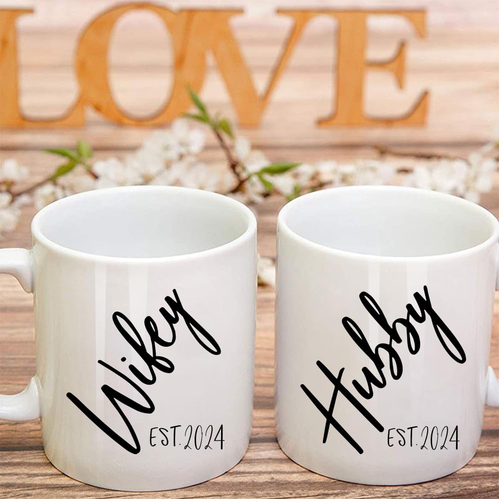 Est 2024 Gift for Husband & Wife Coffee Mug, 2024 Hubby Wifey Mug Wedding Gift, Mr and Mrs Bridal Shower Gift Unique Wedding Gift for Couple Set of 2 Mug (white)