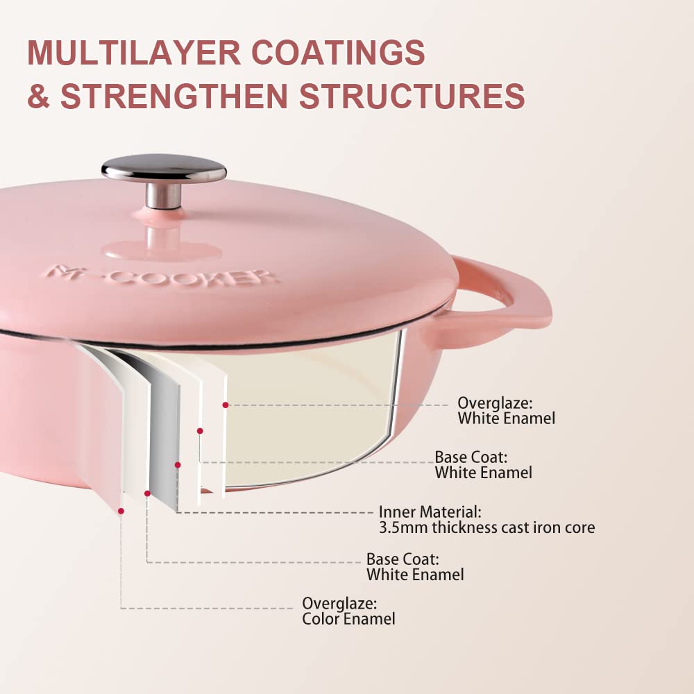 M-COOKER 3.8 Quart Enameled Cast Iron Braiser Pan with Lid,Covered Cast Iron Casserole Dish, Shallow Dutch Oven with Lid, Gift Idea for Family, Oven Safe (Sakura pink)